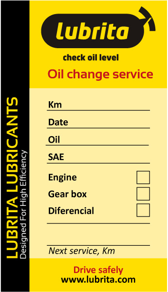Lubrita Oils Change Label for Auto Mechanics - Lubrita.com
